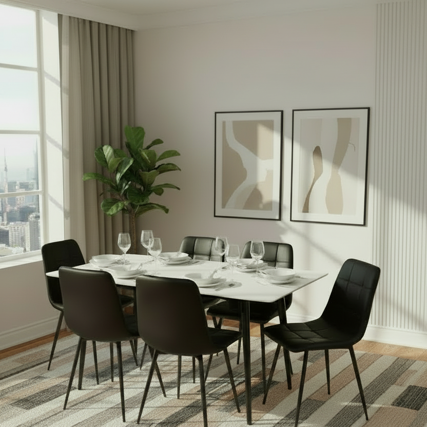 7 Pce Florida Dining Table & Black PU Leather Chair Set — Lj Bedding ...